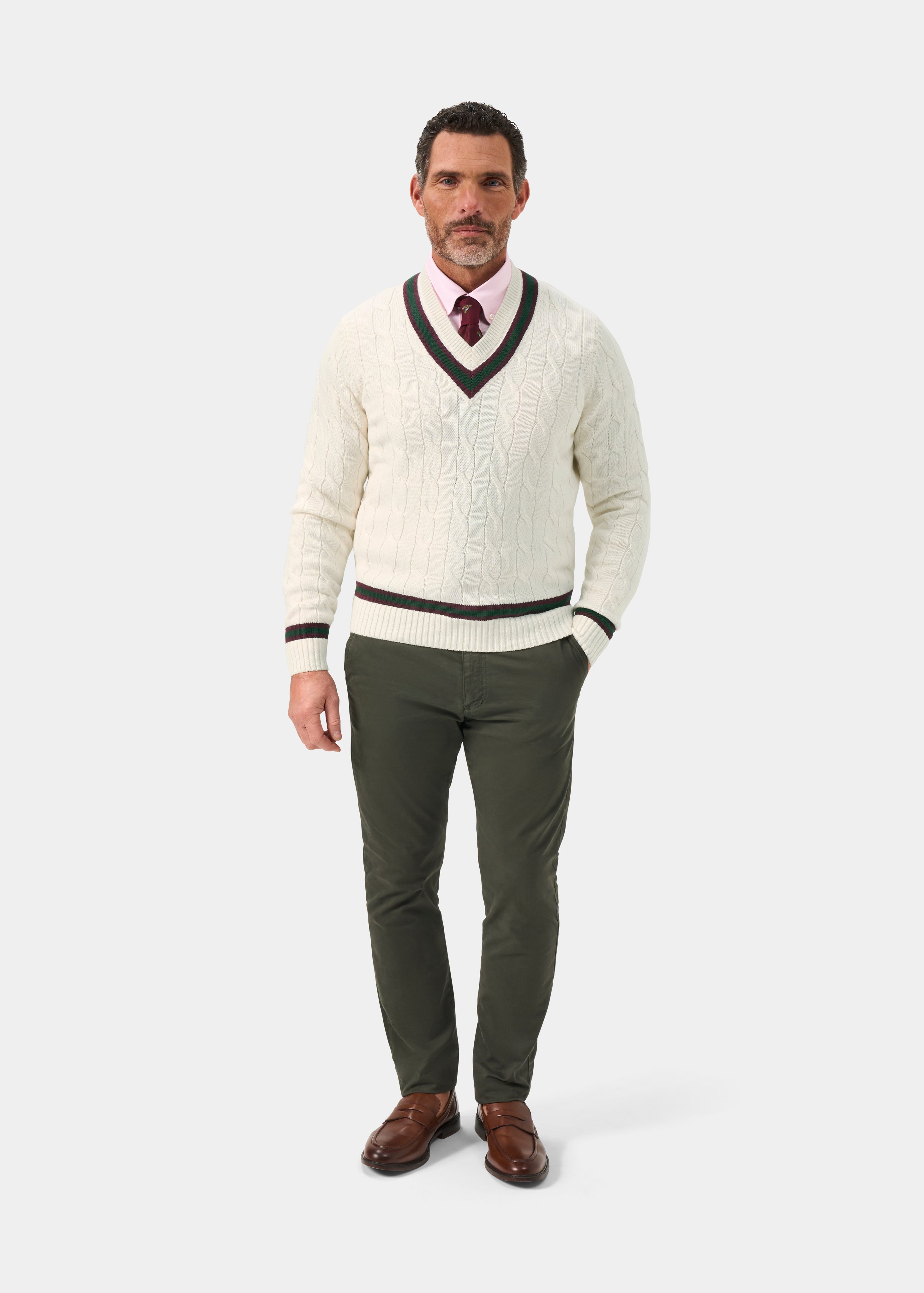 Men's Cable Knit Cricket Jumper In Ecru and AP Green – Alan Paine