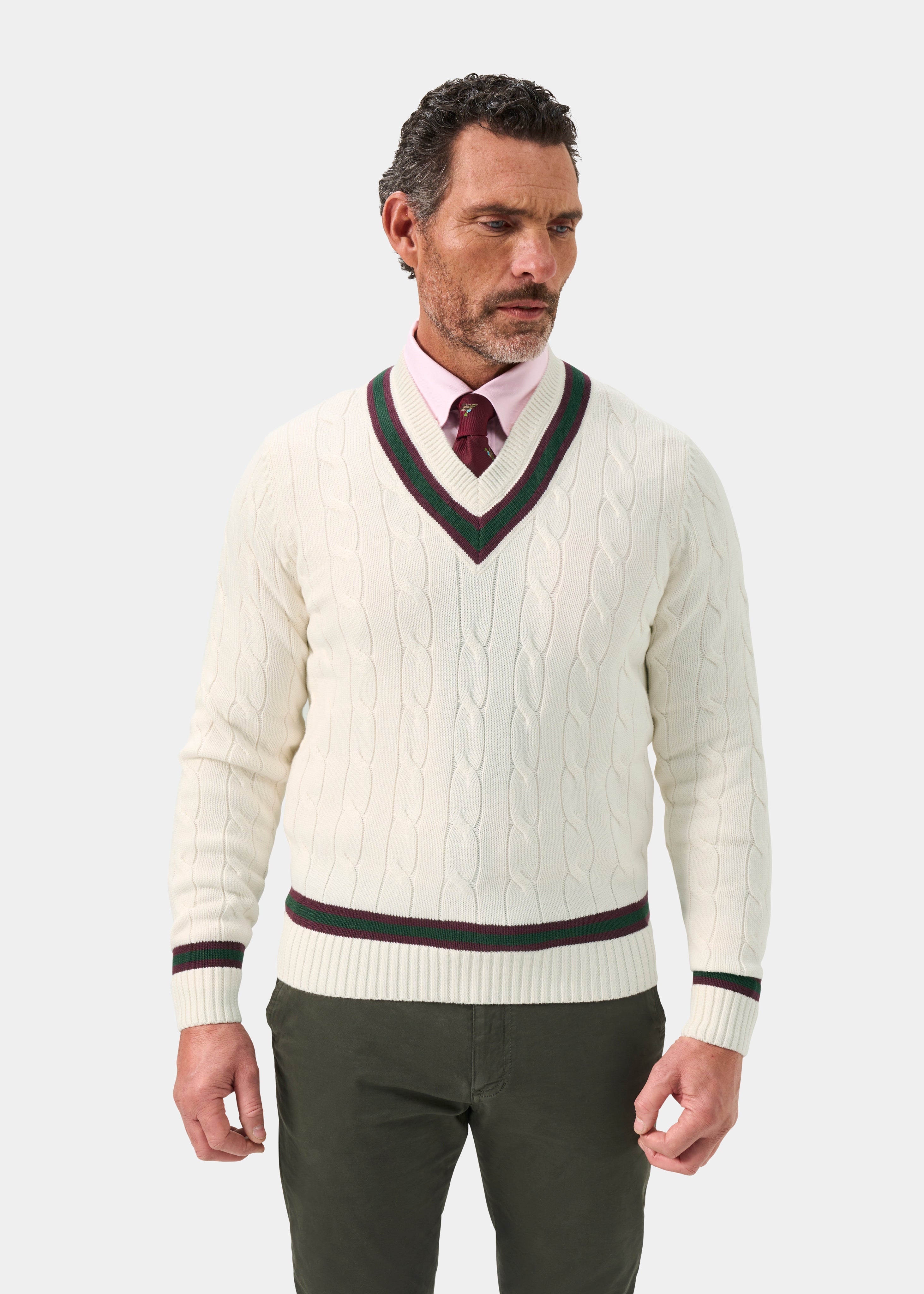 Men's Cable Knit Cricket Jumper In Ecru and AP Green – Alan Paine