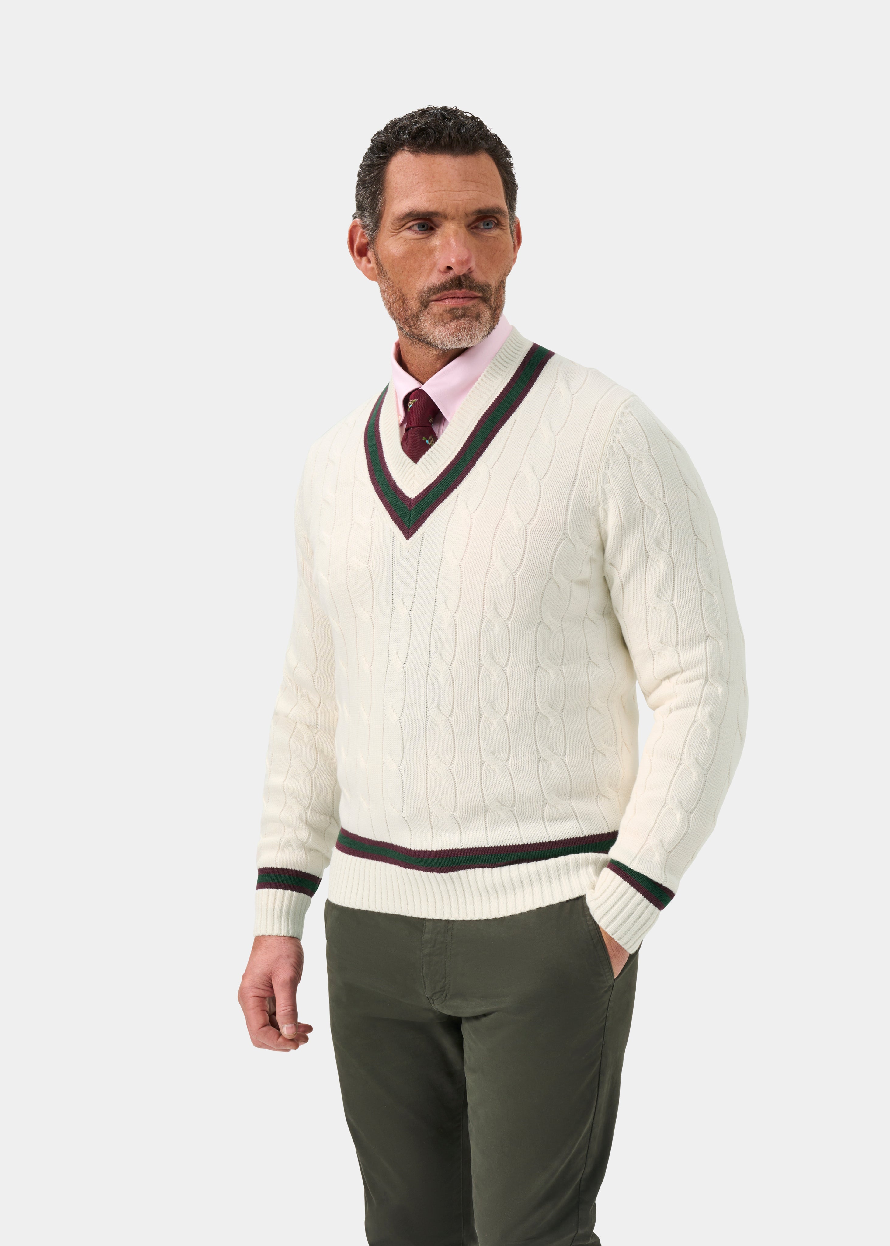 Men's Cable Knit Cricket Jumper In Ecru and AP Green – Alan Paine